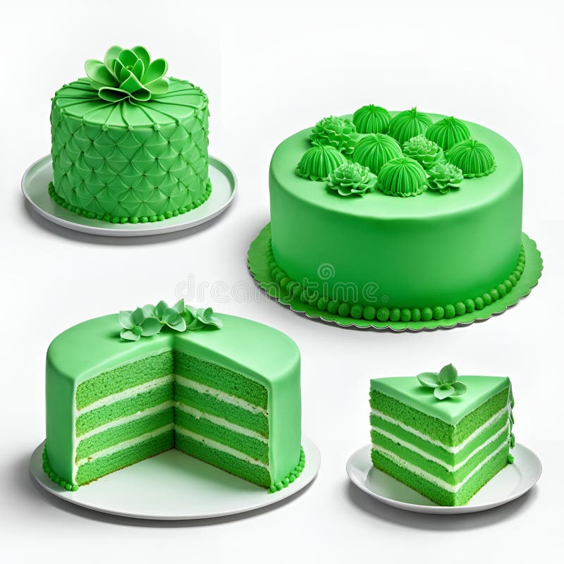 A Set of Four Green Cakes Placed on Plates Against a White Backdrop ...