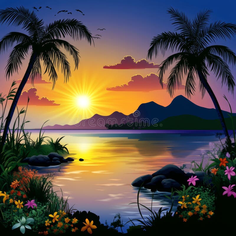 There is an Image of a Sunset that Has Palm Trees and Rocks in it, and ...