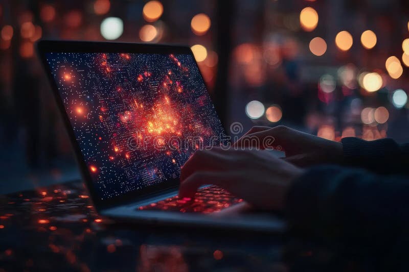 There is a Laptop User Typing on the Screen, with Orange Folder Icons ...