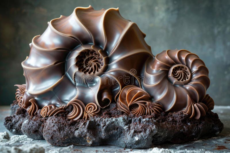 There is a Large Handmade Designer Chocolate Cake in the Shape of a Shell on the Table Stock ...