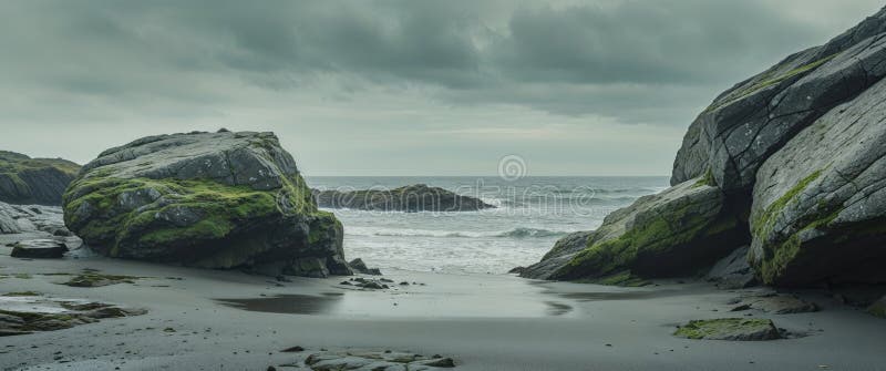 There is a Large Rock Formation on the Beach with a Person Walking on ...