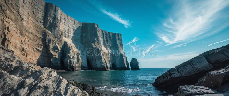 There is a Large Rock Formation on the Shore of the Ocean Stock Image ...