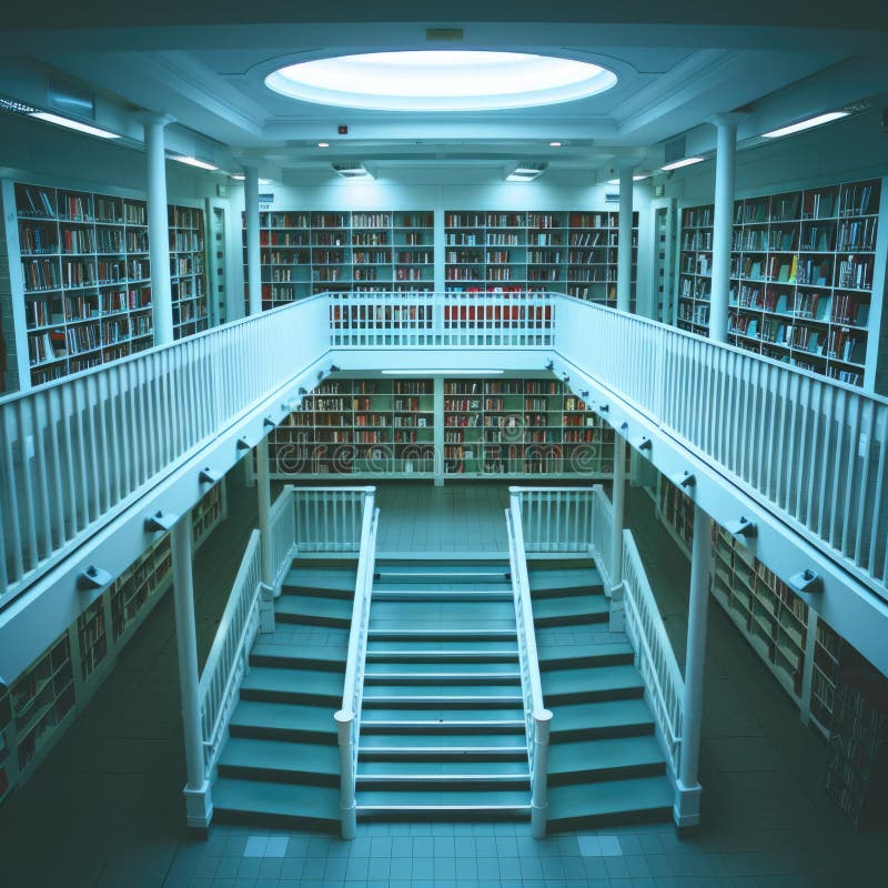 There is a Library that Features Stairs Leading Up To the Second Floor ...