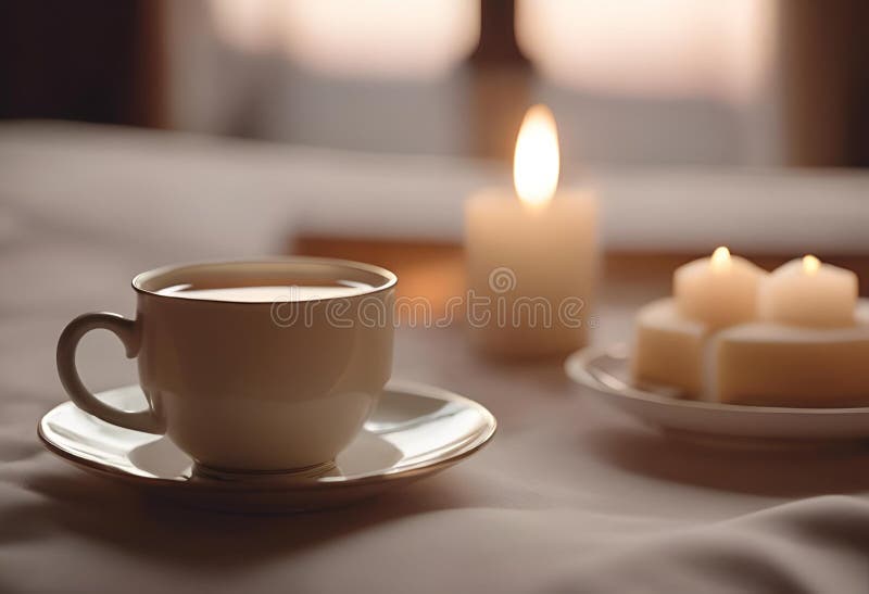 There are Lit Candles and Cups of Tea on the Bed Stock Illustration ...