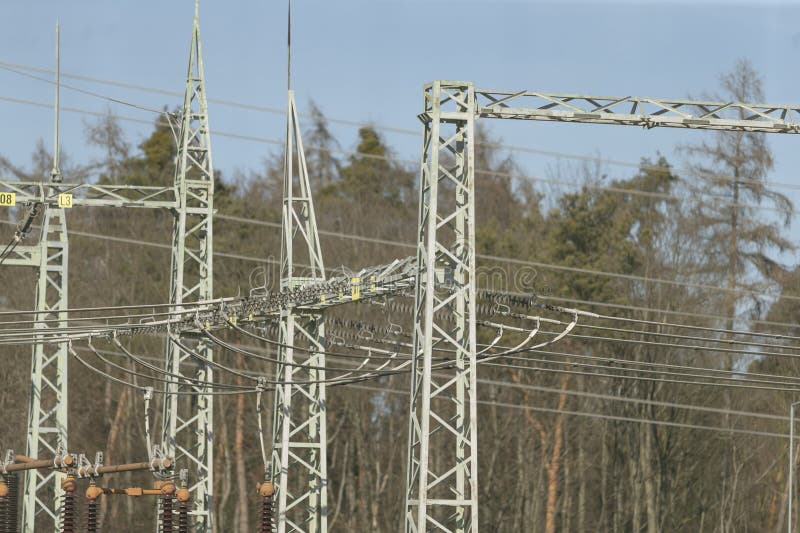 There is a Long Row of Power Lines that Stretches through a Dense ...