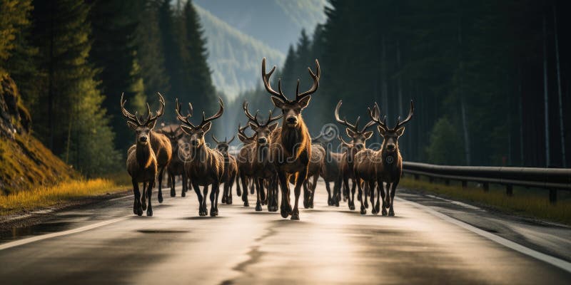 There are Lot of Elk on the Road. Conservation of Wild Animals. Safe ...