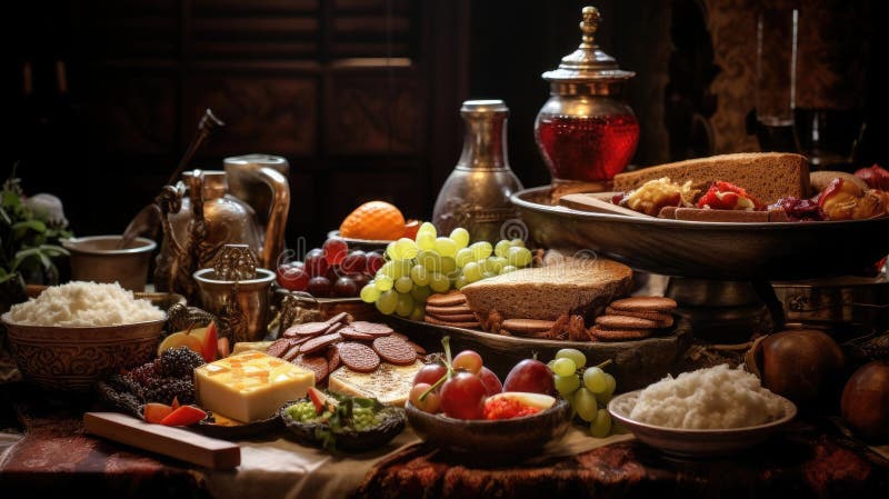 There are a Lot of Traditional Dishes on the Table Stock Illustration ...