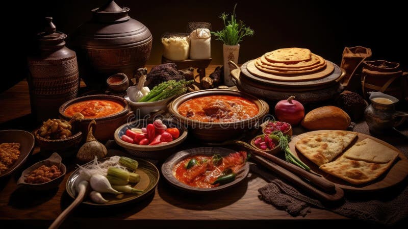 There are a Lot of Traditional Dishes on the Table Stock Illustration ...