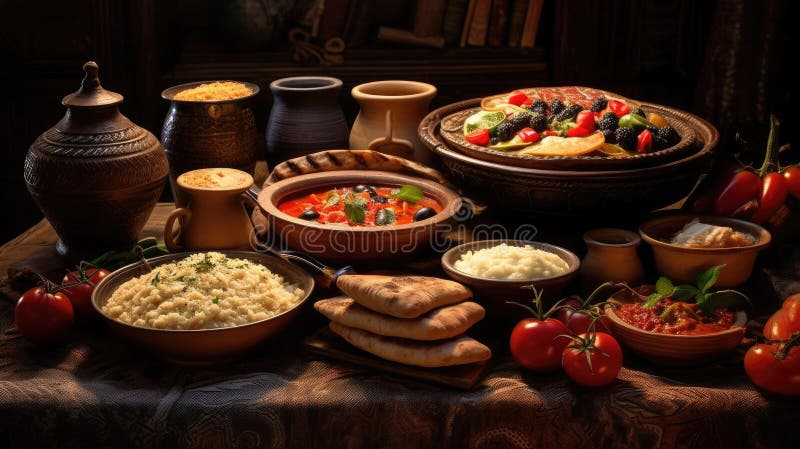 There are a Lot of Traditional Dishes on the Table Stock Illustration ...