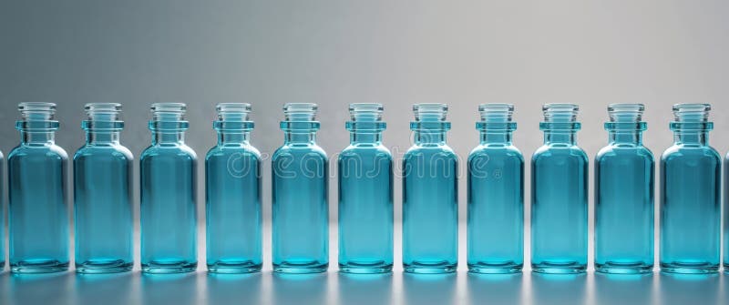 There are Many Bottles of Blue Liquid Lined Up on a Table Stock Image ...