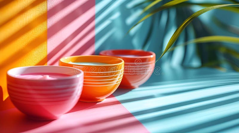 There are Many Bowls Sitting in this Shadow with Yellow Shadows Stock ...