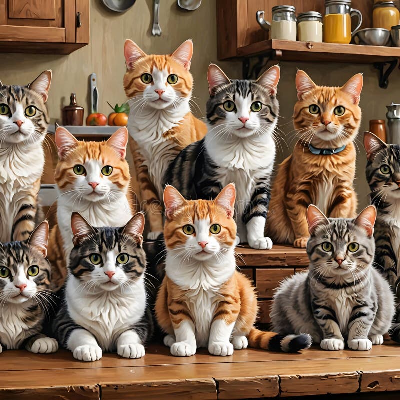There are Many Cats Sitting on a Table in a Kitchen. Stock Photo ...
