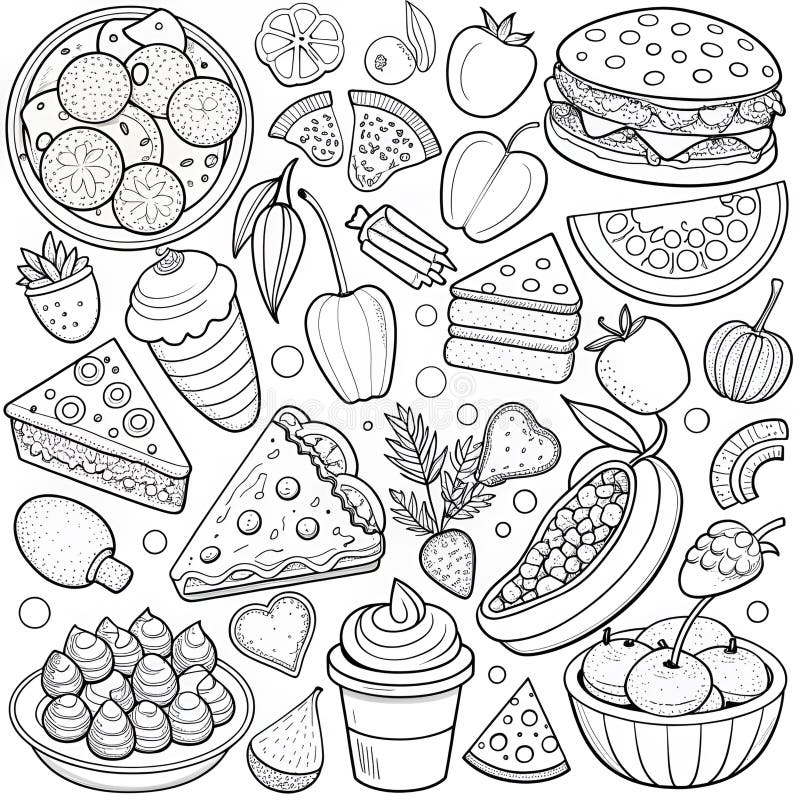 There are Many Different Types of Food in this Coloring Page Stock ...
