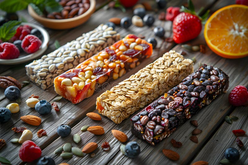 There are Many Different Types of Granola Bars on the Table Stock Photo ...