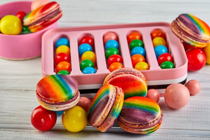 There are Many Different Types of Rainbow Macaron, Candy on the Table ...