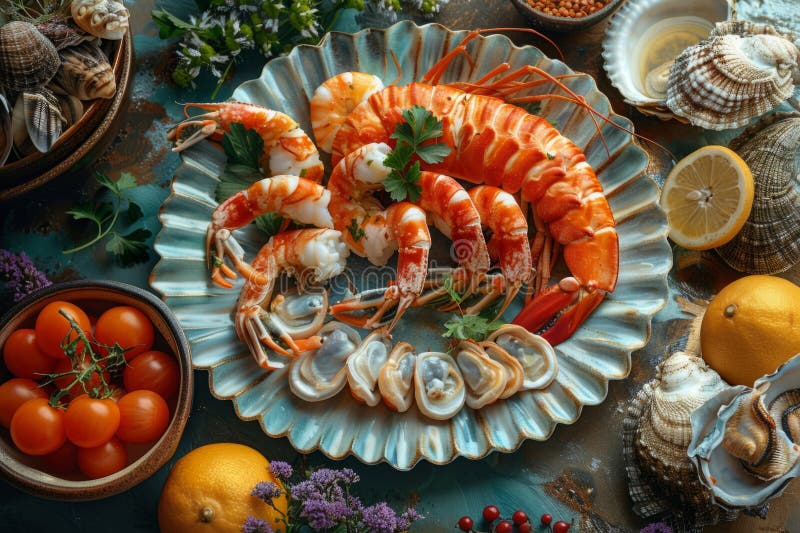There are Many Different Types of Seafood on the Table Stock Image ...