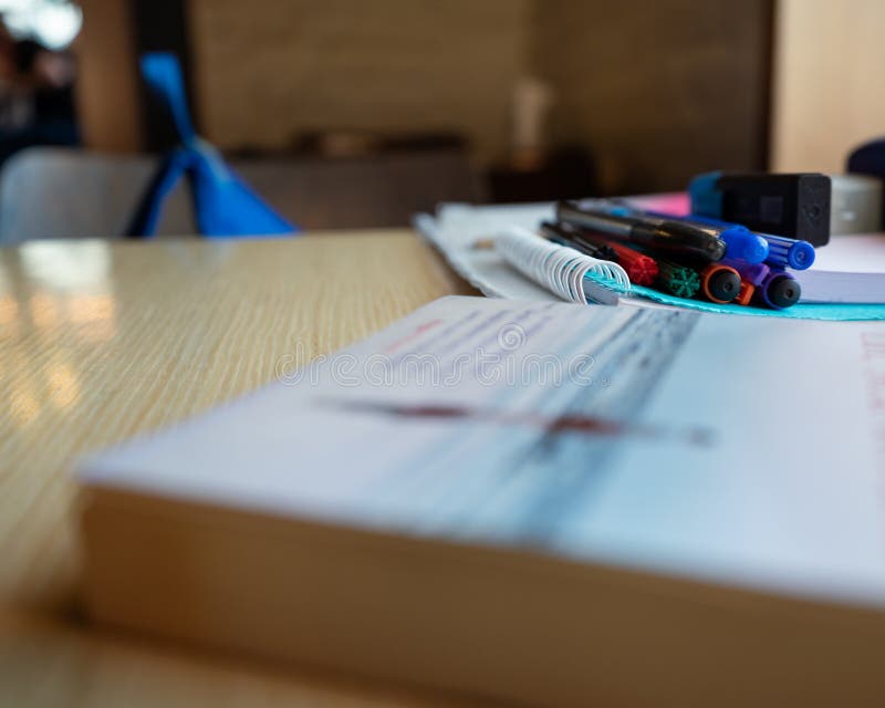 There are Many Pens and Felt-tip Pens on the Table Stock Image - Image ...