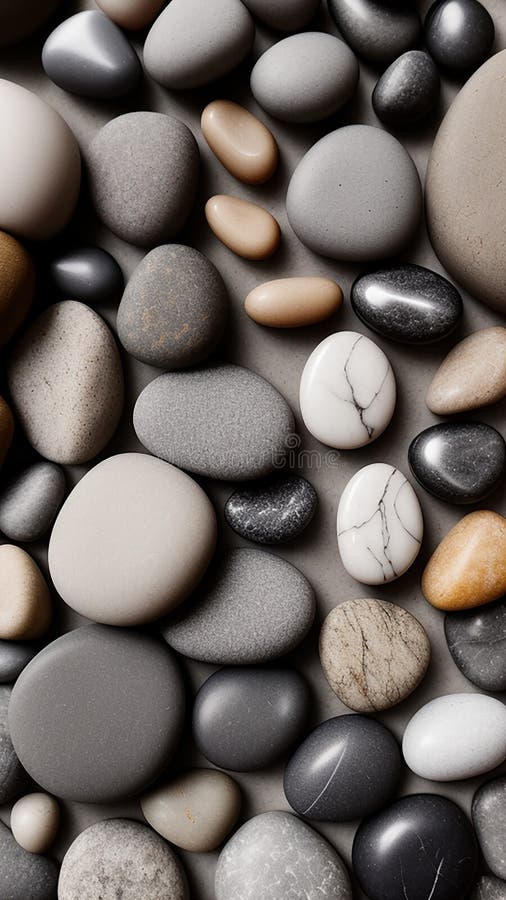 There are Many Smooth Sea Rocks on the Gray Surface. Sea Pebbles on the ...