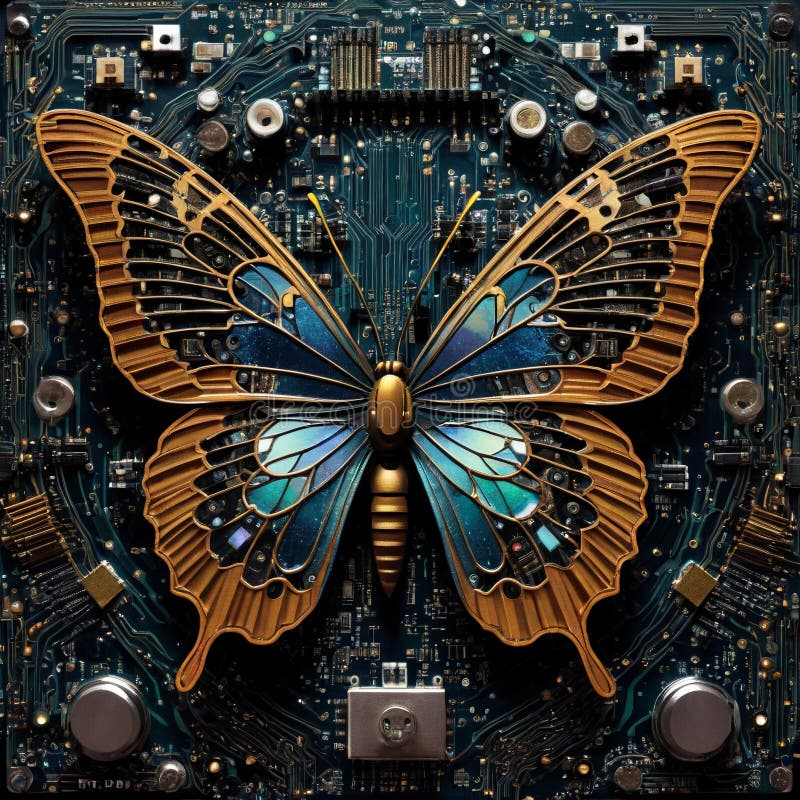 There is a Mechanical Butterfly that is on Top of a Motherboard. Stock ...