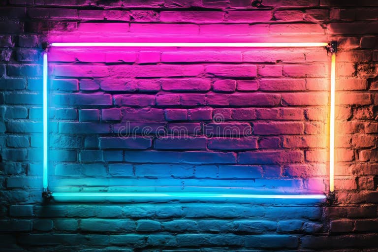 There is a Neon Glow in the Corner of a Rectangular Frame on a Brick ...