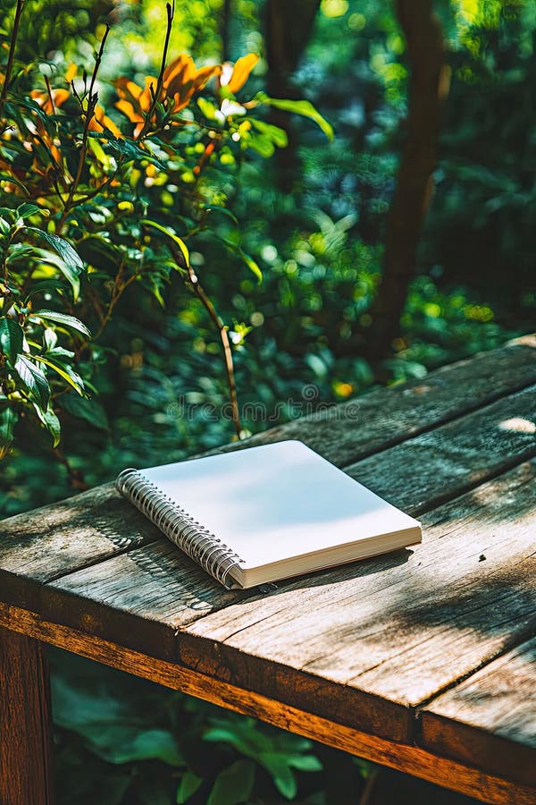 There is a Notebook on the Table in the Garden. Selective Focus Stock ...