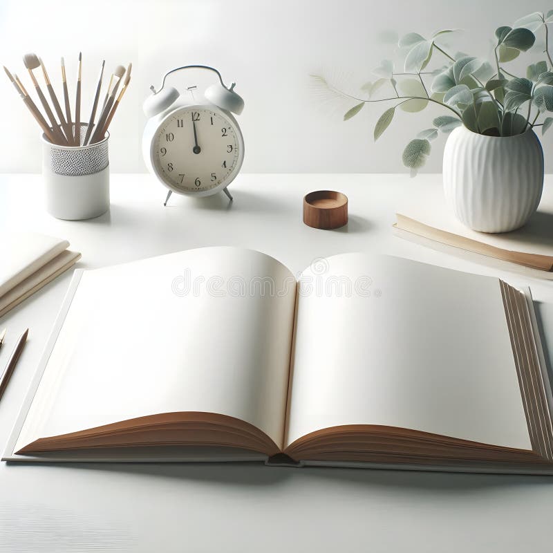There is an Open Book with Blank Pages on the Table, a Copy of the ...