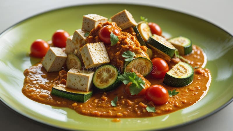 There is a Plate of Food with Tofu and Tomatoes on it Stock Image ...