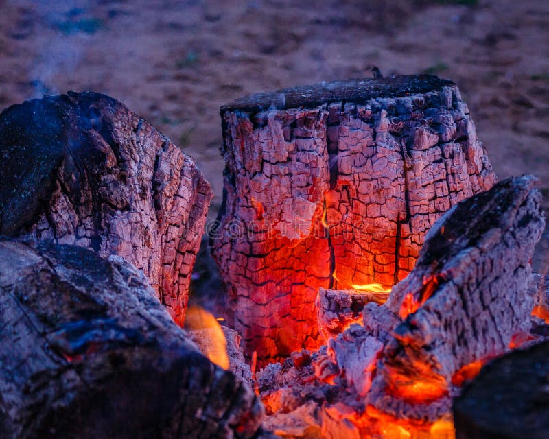 Red Coal and Fire Flames in the Middle of the Campfire Stock Photo ...
