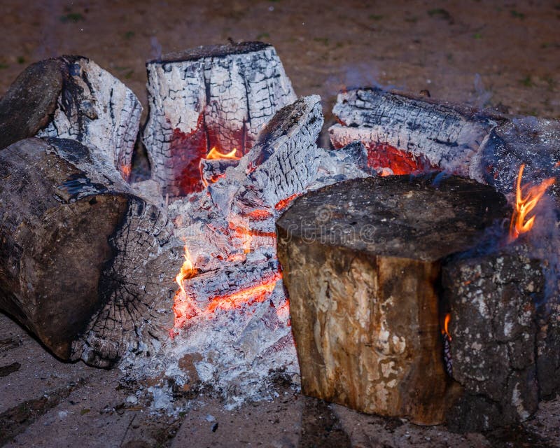 Red Coal and Fire Flames in the Middle of the Campfire Stock Photo ...