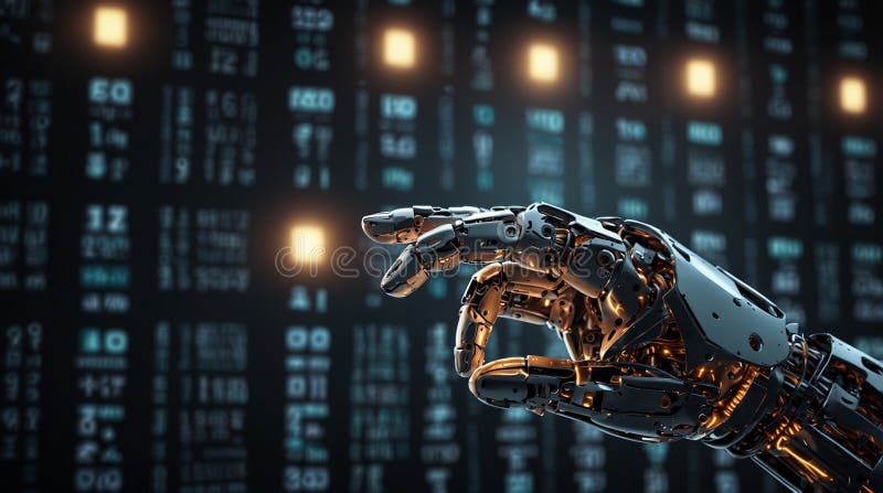 There is a Robot Hand Touching Future Computer Data. Futuristic ...