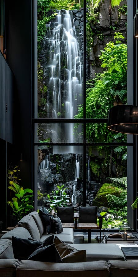 There is a Room with a Glass Window Looking at the Waterfall Stock ...