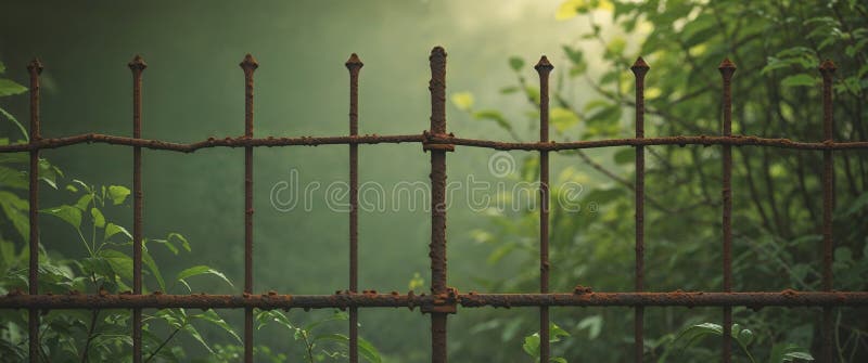There is a Rusted Iron Fence with a Green Bush Behind it Stock Image ...