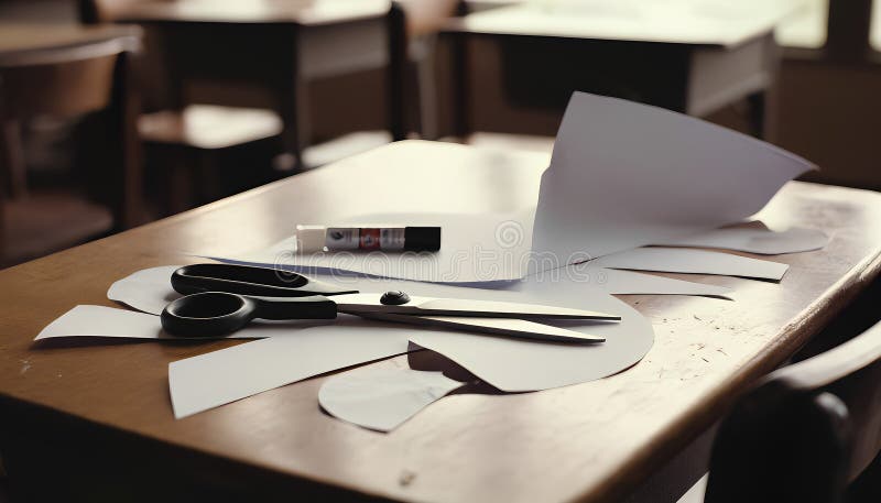 There are Scissors, Glue and Paper on the Table, Ready To Work Stock Illustration - Illustration ...