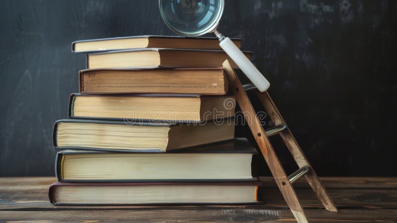 There is a Stack of Books on the Desk with a Ladder and Magnifier. it ...
