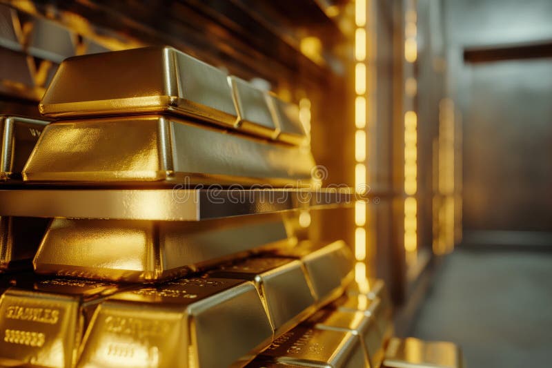 There is Stack of Large Gold Bars in Secure Bank Vault that Provides ...