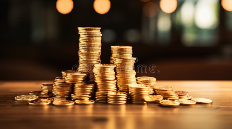 There is a Stack of Shiny Gold Coins Placed on a Rustic Wooden Table ...