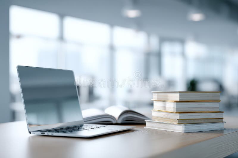 A Neat Stack of Various Books Along with a Laptop Rests Atop a Table ...