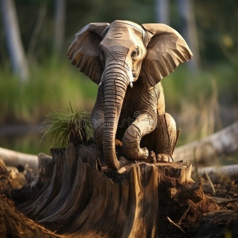 There is a Statue of an Elephant Sitting on a Tree Stump Stock ...