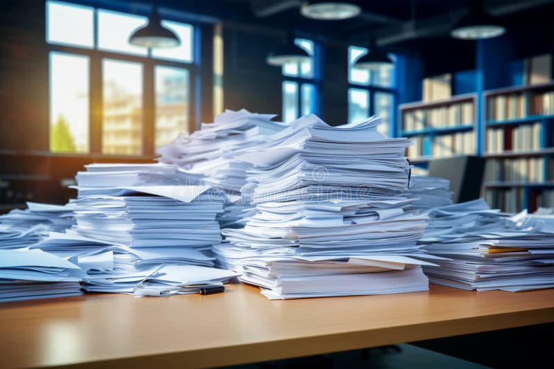 There is a Tall Stack of Office Papers, Documents and Folders on the ...