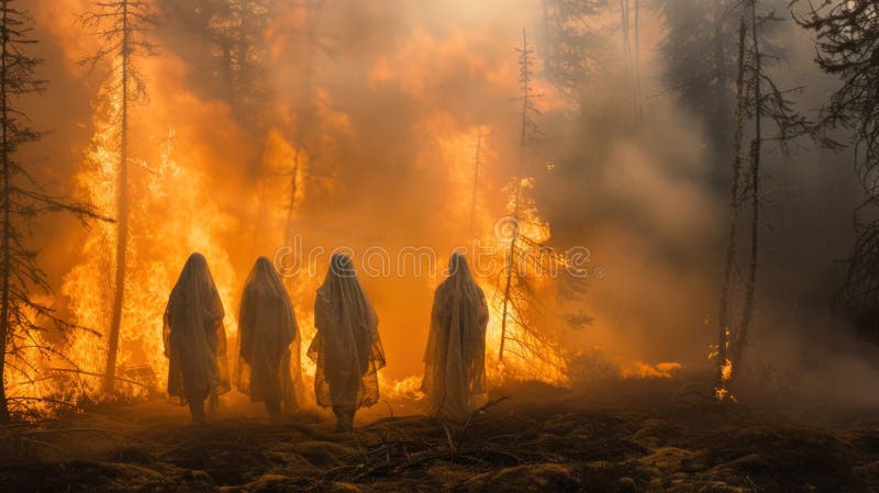 Three Spectral Figures are Positioned in Front of a Warm, Glowing Fire ...