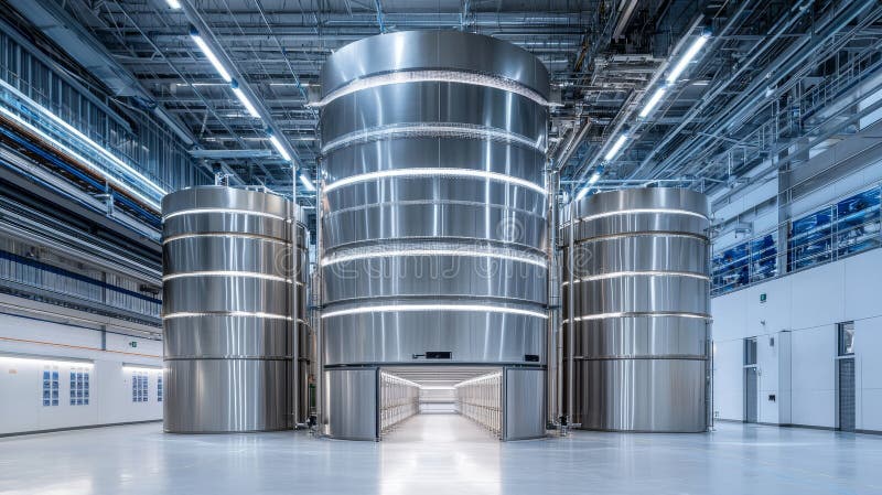 There are Three Large Stainless Steel Bioreactors in an Industrial ...