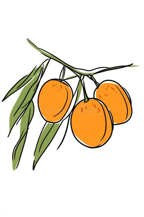 There are Three Oranges Growing on a Tree Branch in this Drawing Stock ...