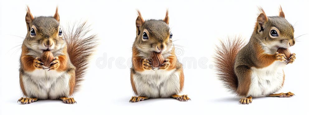 There are Three Red Squirrels in Different Poses Standing on Their Red ...
