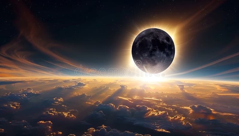 There is a Total Solar Eclipse. Sunbeams Burst Behind the Moon and ...