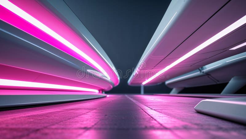 There is a Train that is Going Down the Tracks with Pink Lights Stock ...