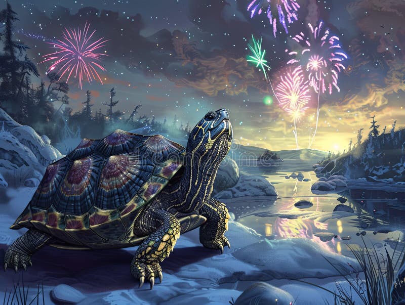 There is a Turtle that is Looking at Some Fireworks in the Sky Stock ...