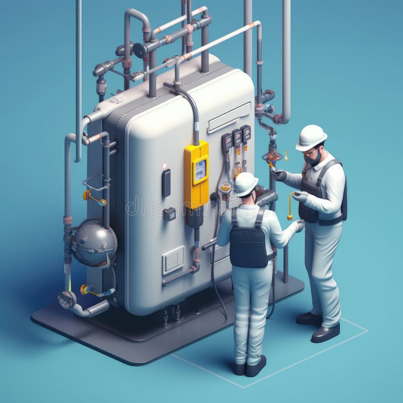 There are Two Men in White Uniforms Standing Next To Large Machine ...