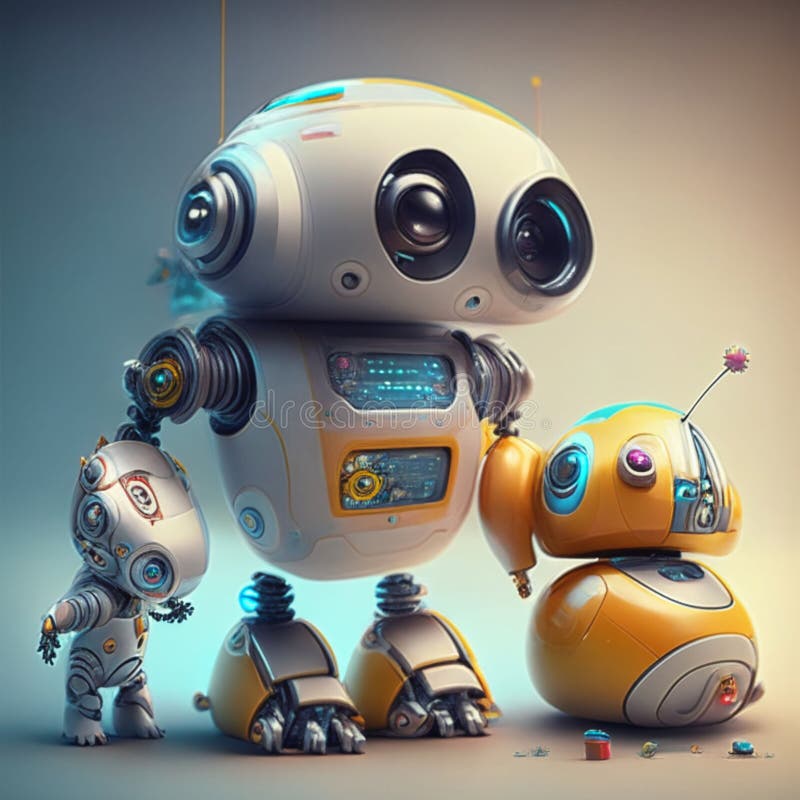 There are Two Robots Standing Together on a Blue Background and Another ...