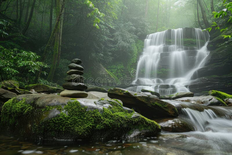 There is a Waterfall Behind and a Pile of Rocks in the Foreground Stock ...