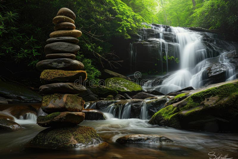 There is a Waterfall Behind and a Pile of Rocks in the Foreground Stock ...